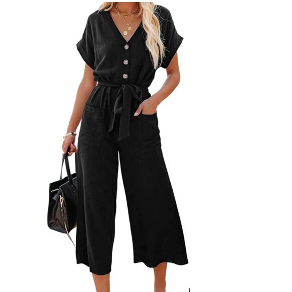 Pants & Jumpsuits | Womens Black Short Sleeve Button Down High Waisted ...